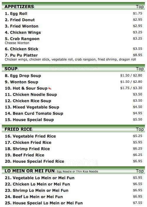 Menu at Jade Chinese Buffet restaurant, Dallas