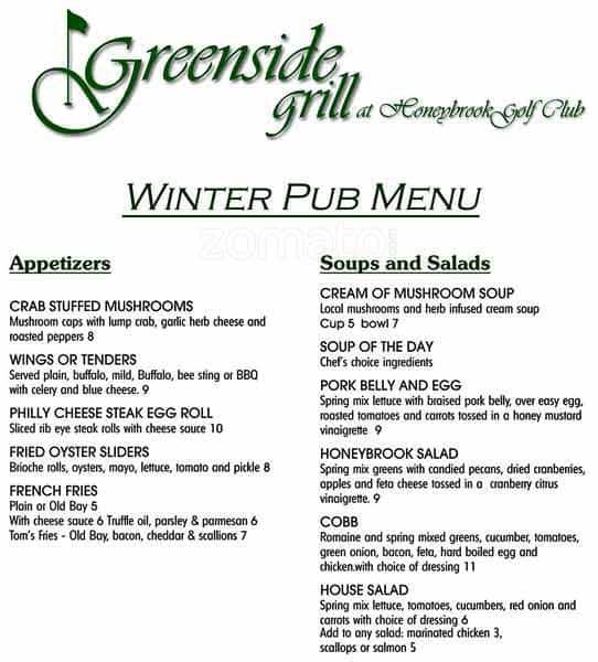 Menu at Greenside Grill restaurant, Honey Brook, Cambridge Rd