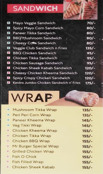 Menu at Mr. Burger, Chennai