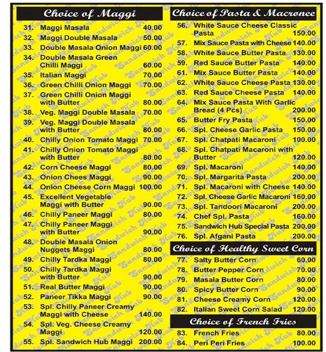 Menu at Sandwich Hub, New Delhi