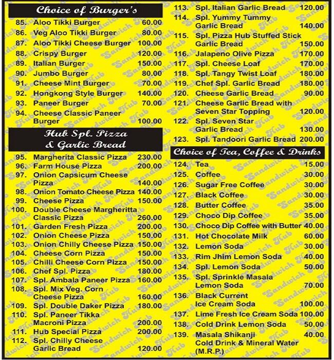 Menu at Sandwich Hub, New Delhi