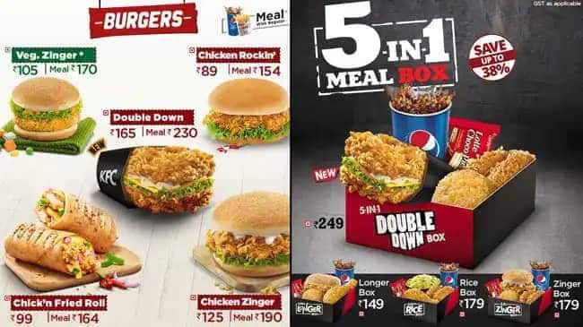 Menu at KFC, Kota