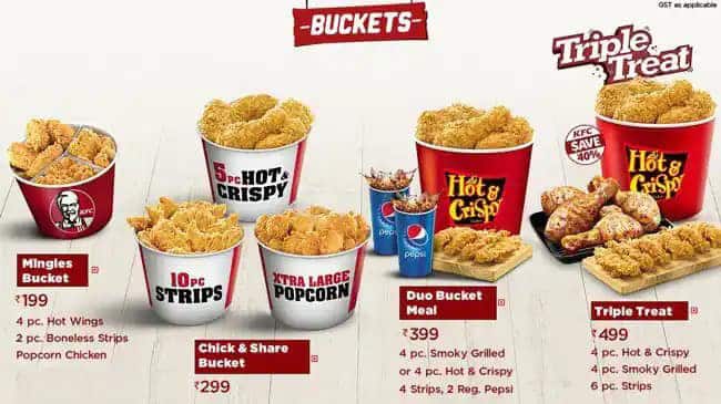Menu at KFC, Kota