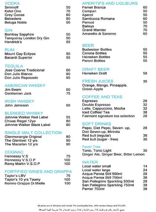 Menu at Hotel Fairmont The Palm restaurant, Dubai