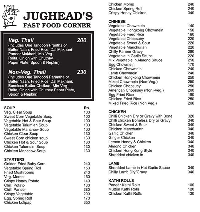 Menu of Jughead's Fast Food Corner, Uday Park, New Delhi