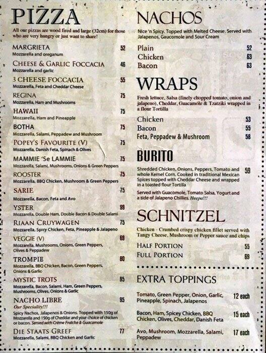 Menu at Die Mystic Boer restaurant, Stellenbosch