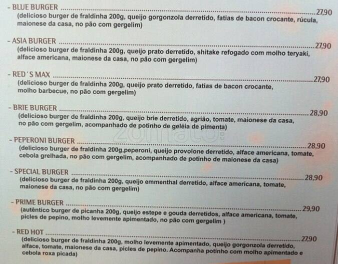 Menu at Red Bar, São Paulo, R. Araberi