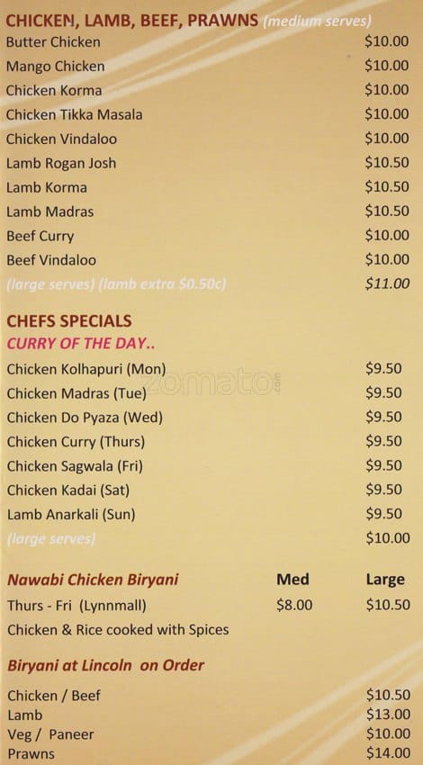 Menu at Taaza Indian Cuisine restaurant, Auckland