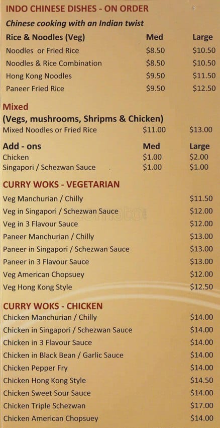 Menu at Taaza Indian Cuisine restaurant, Auckland