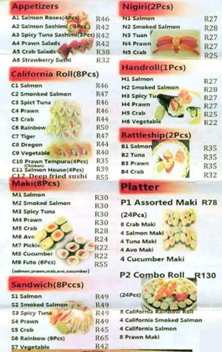 Menu at Ming Woo Chinese Restaurant And Sushi Bar, Centurion