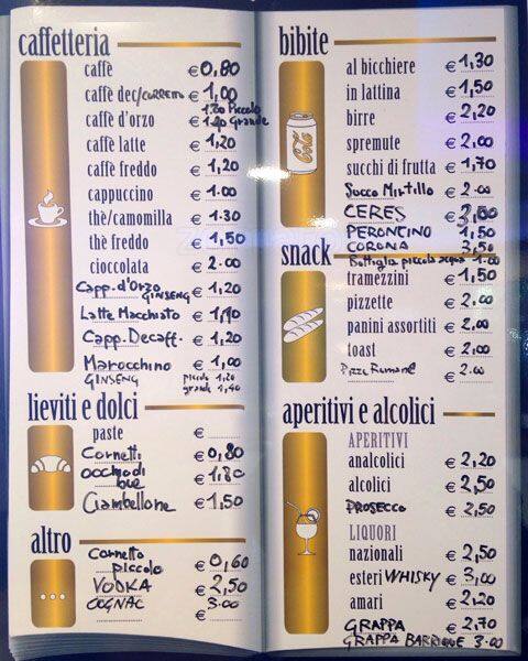 Menu da Bar del Giardino, Roma