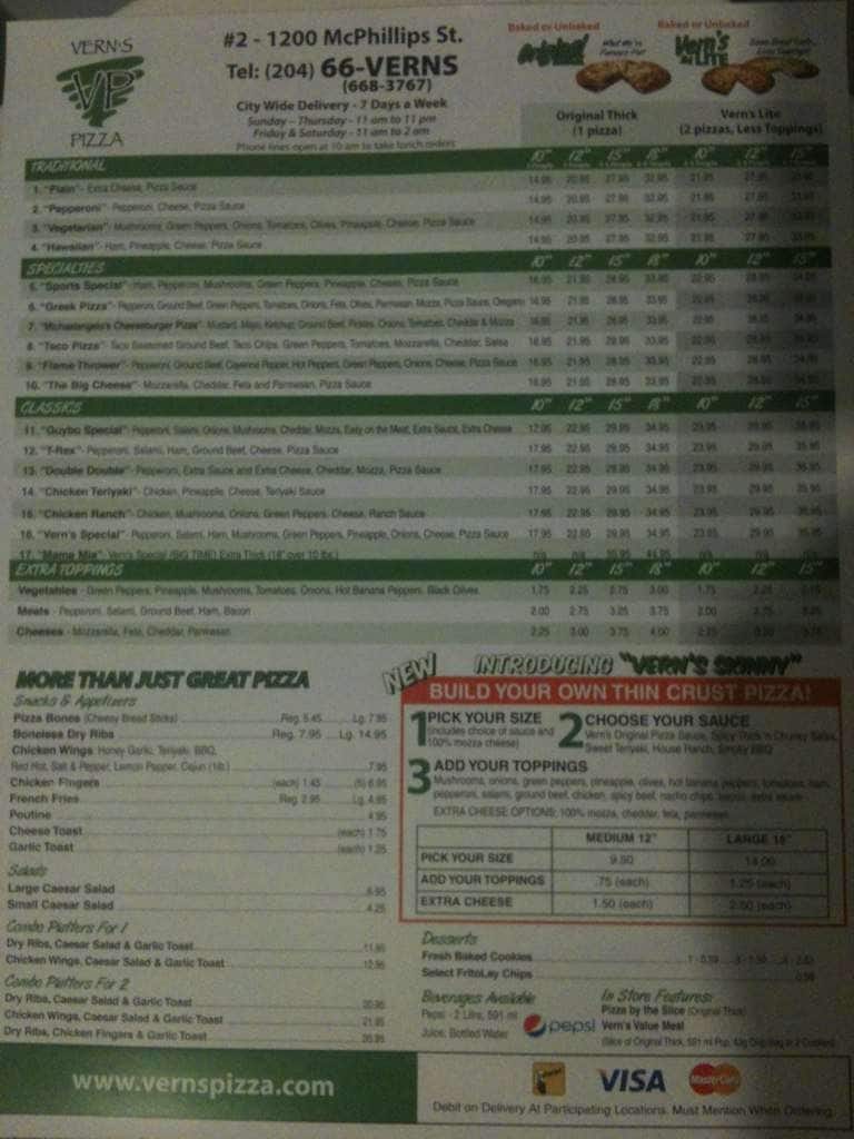 Menu at Vern's Pizza - Winnipeg pizzeria, Winnipeg