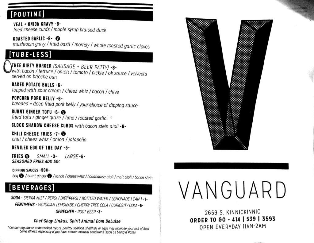 Menu at The Vanguard pub & bar, Milwaukee