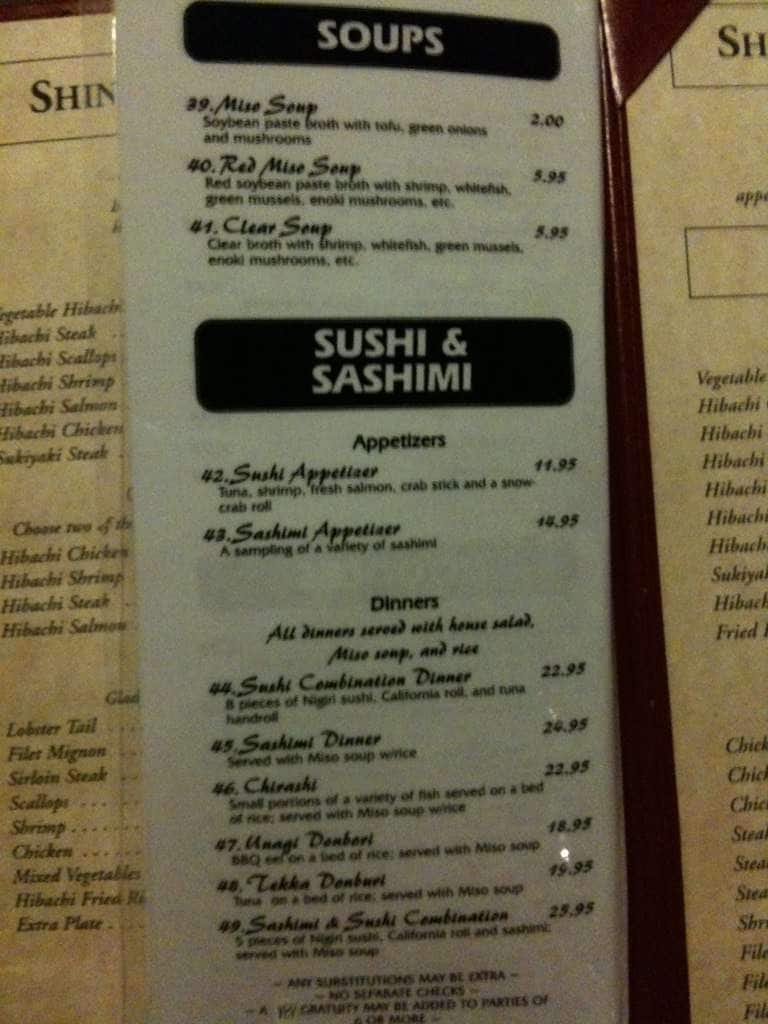 Menu at Shinto Japanese Restaurant, Lafayette