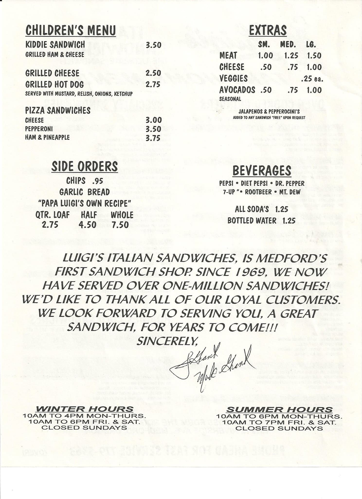 Menu at Luigi's Italian Sandwiches restaurant, Medford