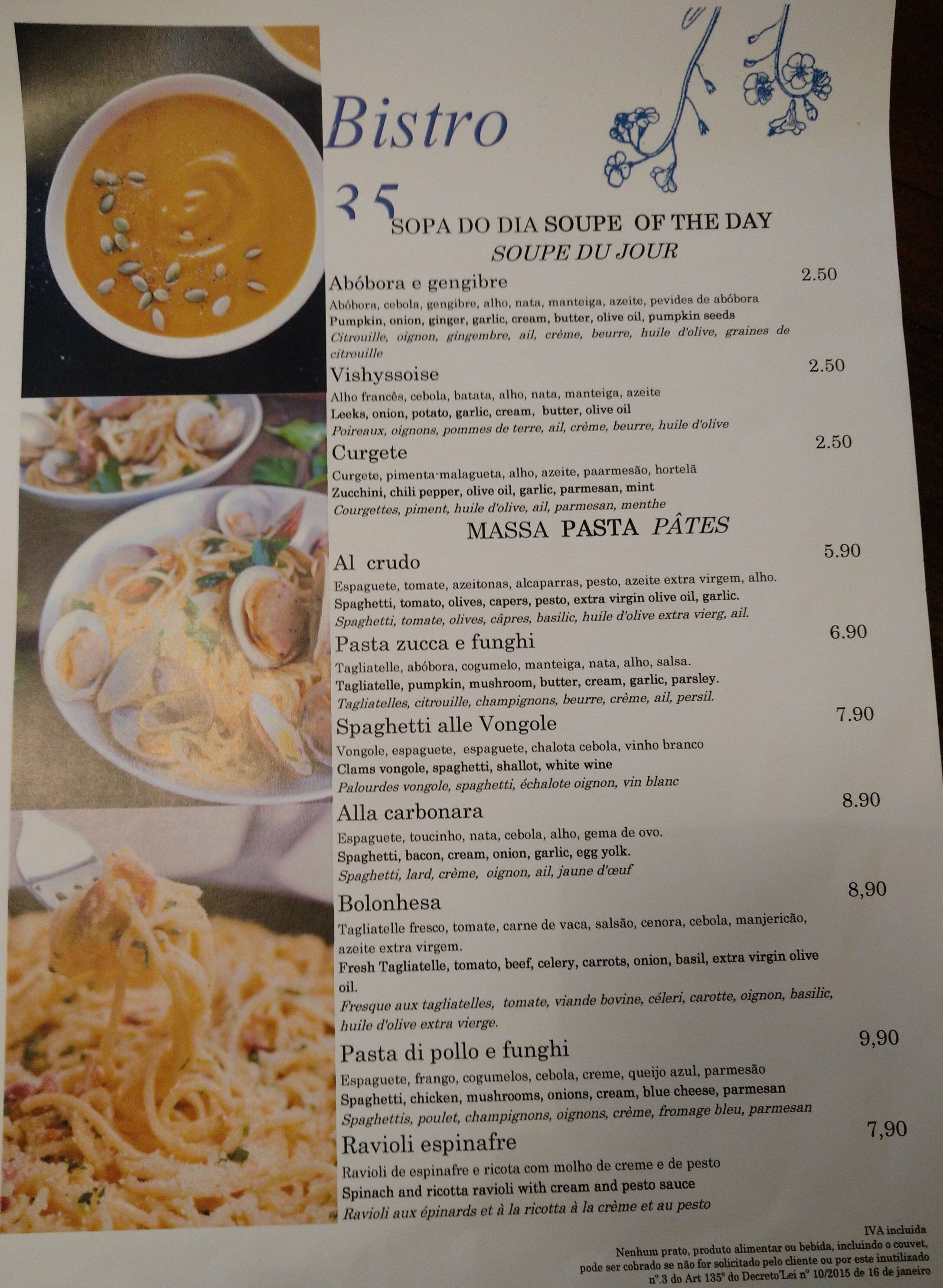 Menu at Bar 35 Lisboa, Lisbon