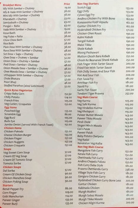 Menu of Andhra & Chettinad Cuisine, Sarjapur Road, Bangalore