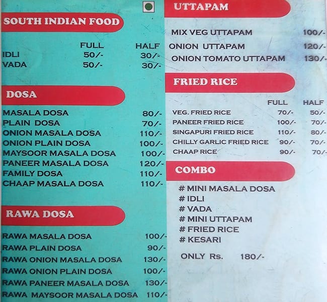 Menu at SN Dhamaka food, New Delhi