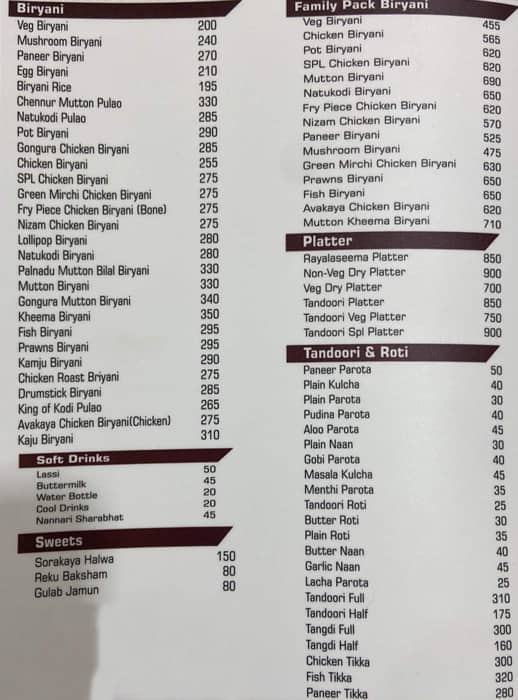 Menu of New Kritunga Restaurant, L B Nagar, Hyderabad