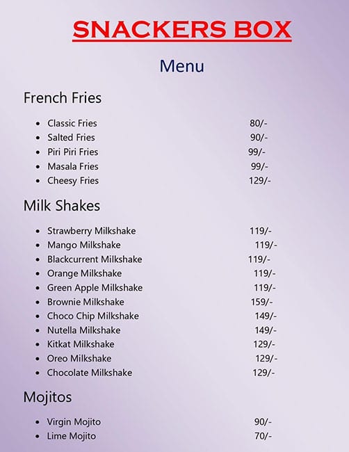 Menu of Snackers Box, Nizampet, Hyderabad