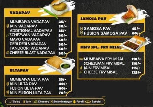 Menu of MMV - Mumbaiya Misal & Vadapav, Sola, Ahmedabad