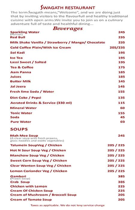 Menu of Swagath, Defence Colony, New Delhi