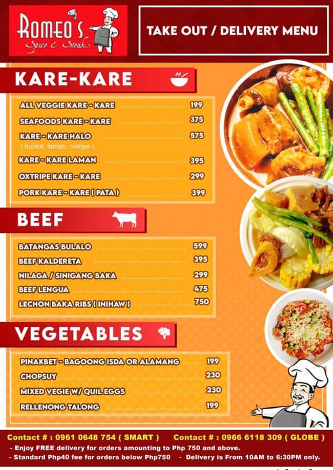 Menu at Romeo's Spice and Steaks Sumulong Highway steakhouse, Antipolo ...