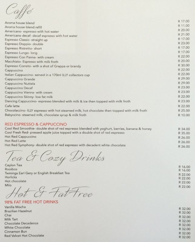 Menu at Aroma Di Caffe cafe, Johannesburg, Entrance 4