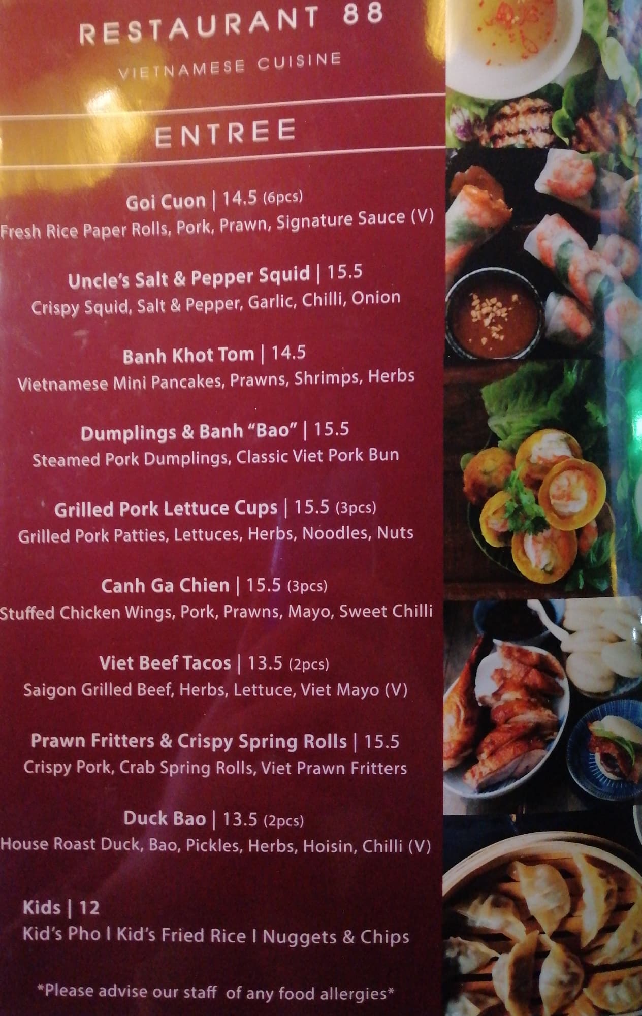 Menu at Restaurant 88, Wellington