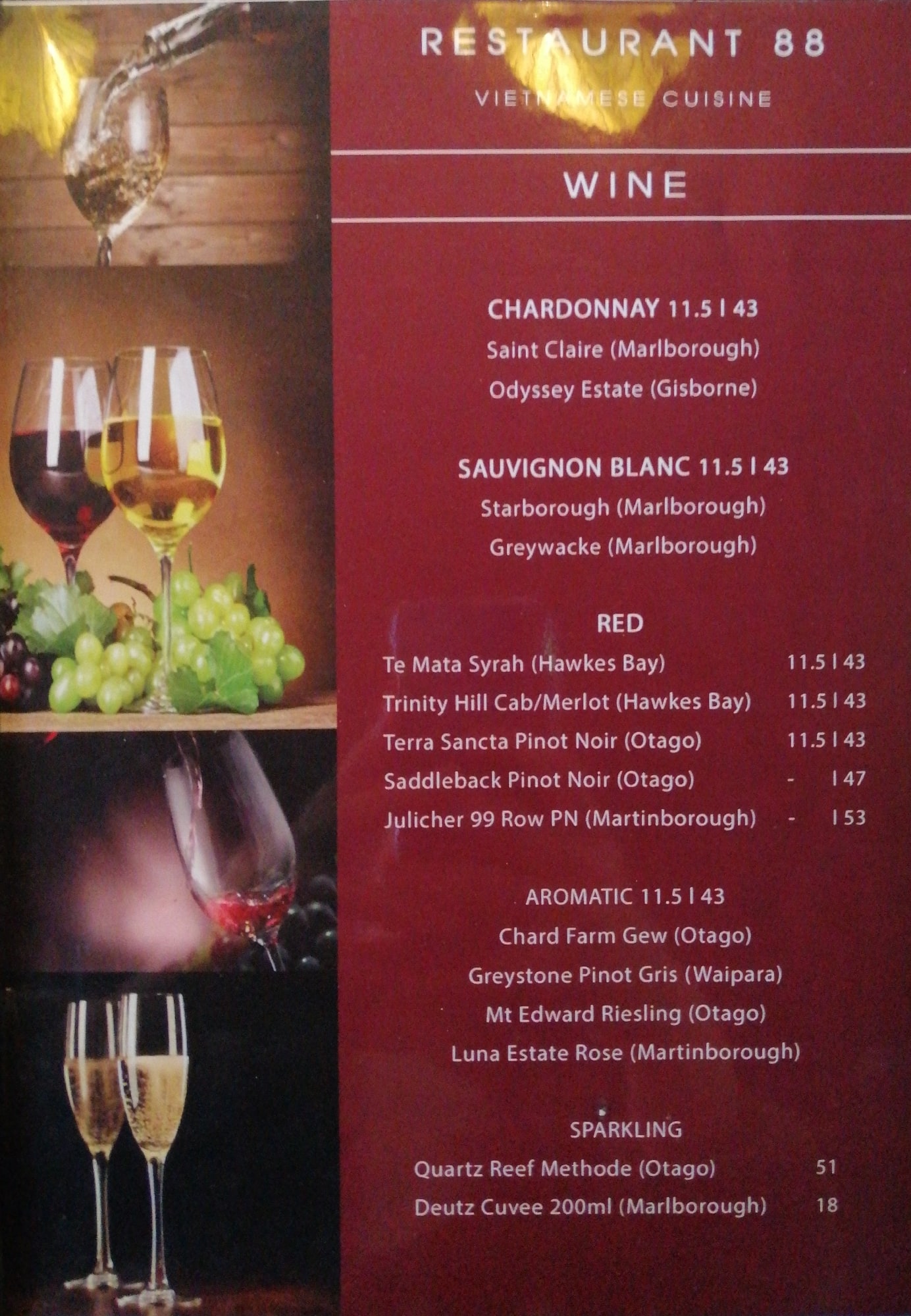 Menu at Restaurant 88, Wellington