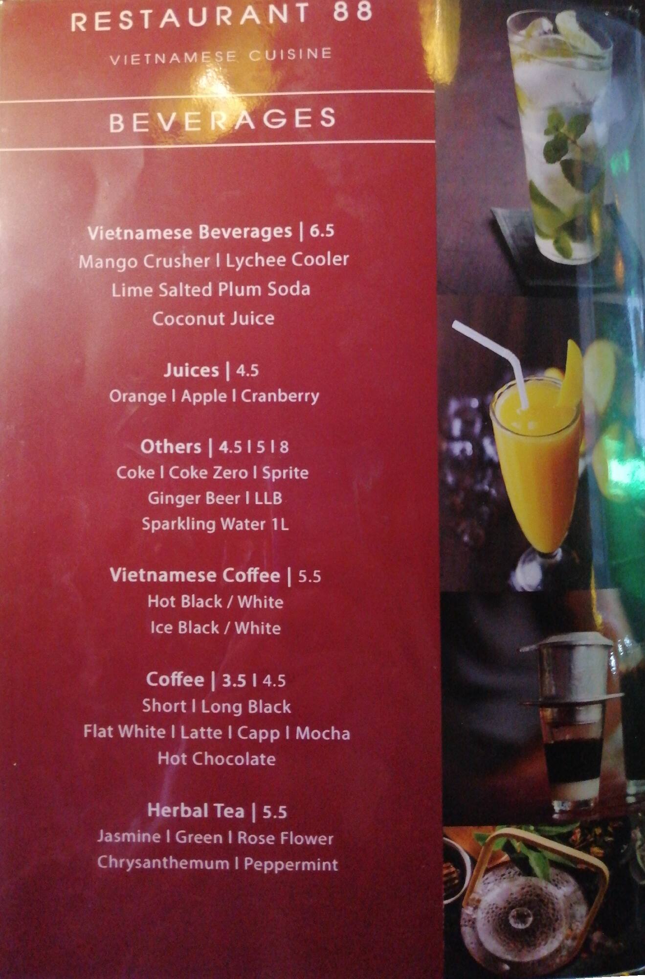 Menu at Restaurant 88, Wellington