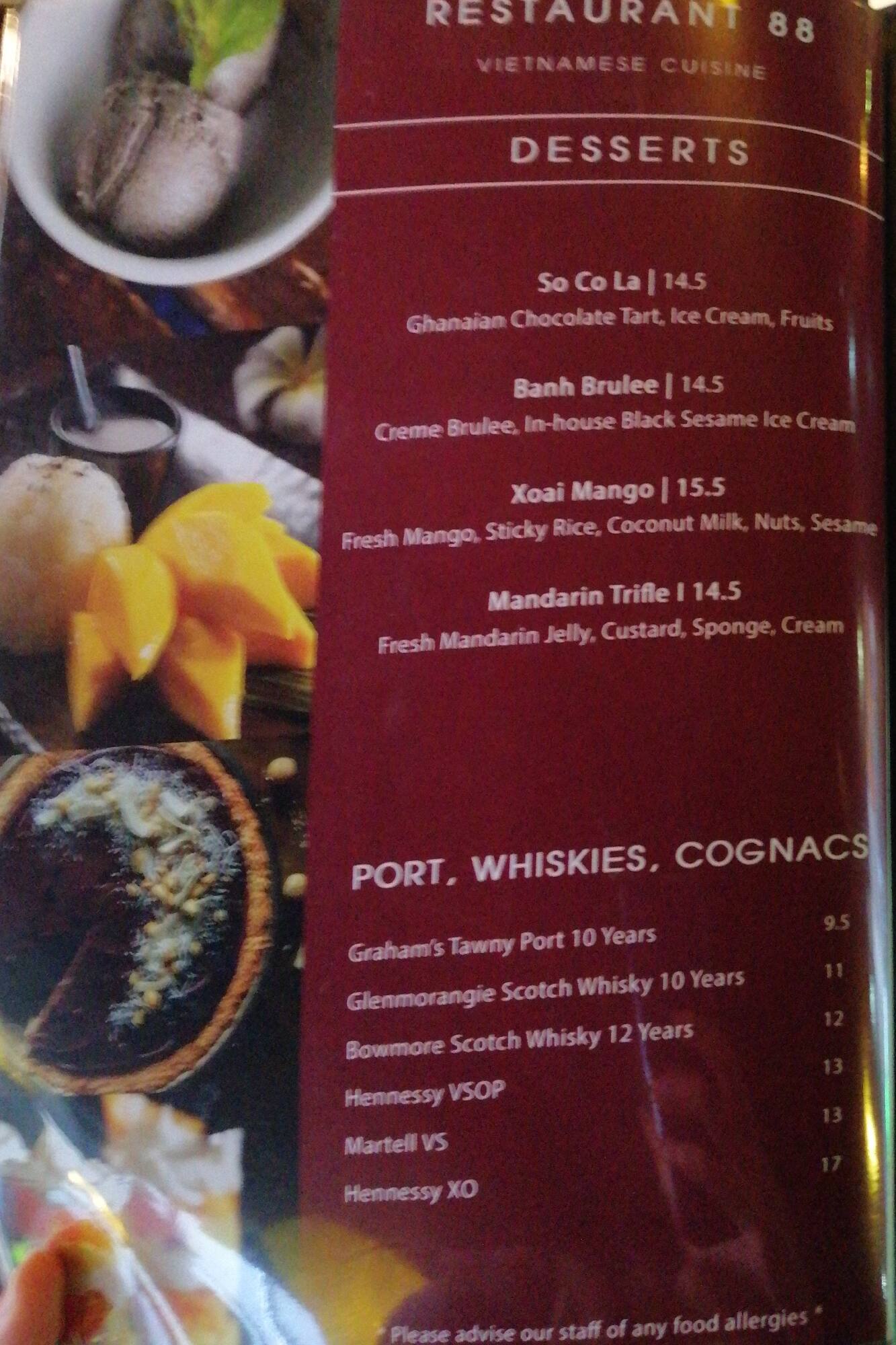 Menu at Restaurant 88, Wellington