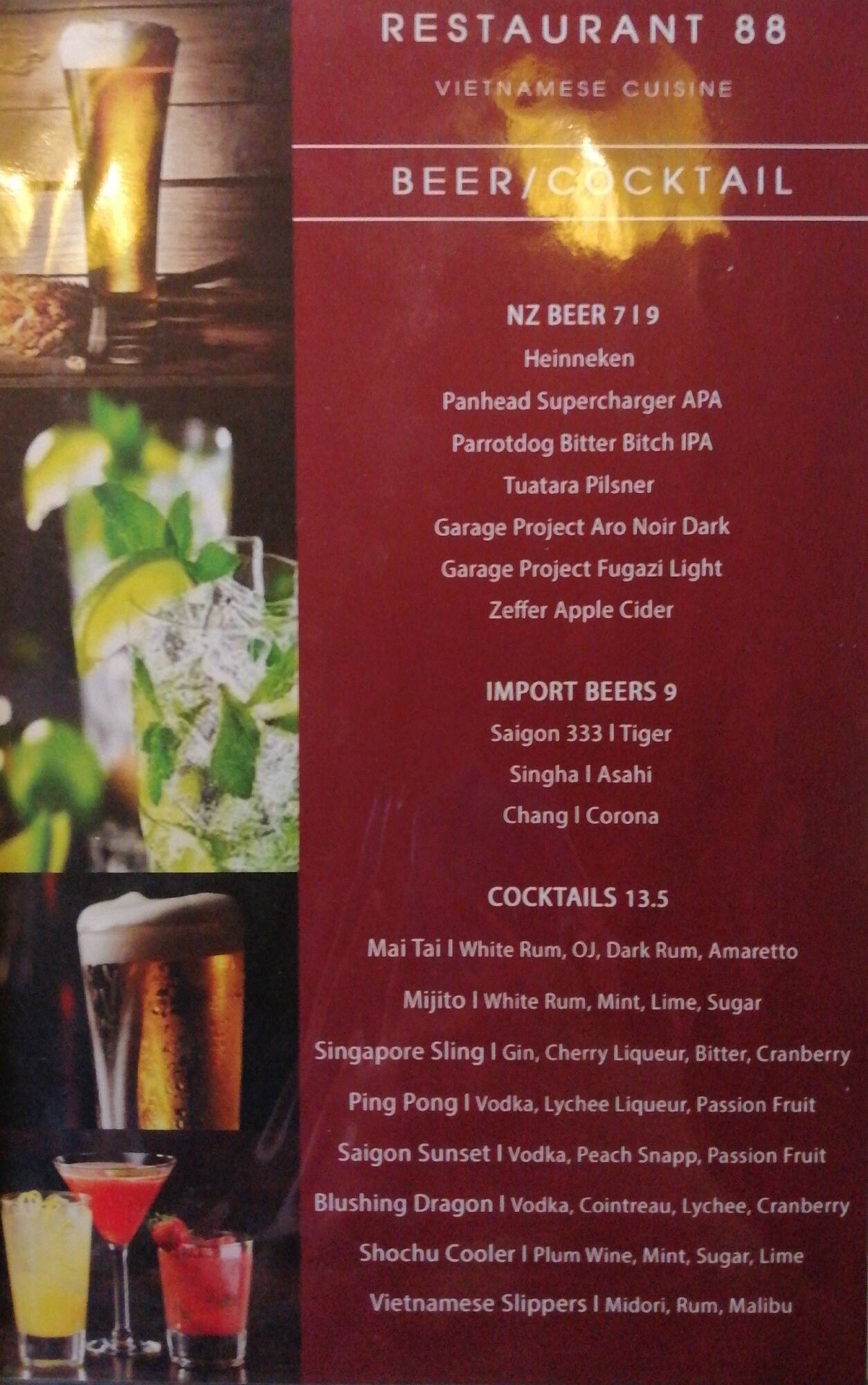 Menu at Restaurant 88, Wellington