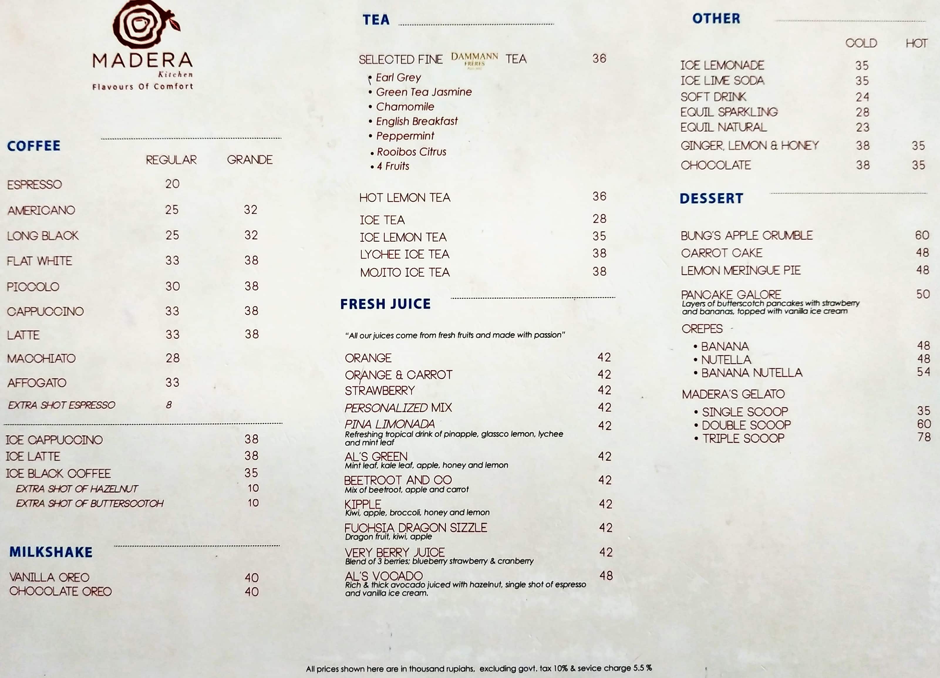 Menu at Madera Kitchen restaurant, Jakarta, Dharmawangsa Square