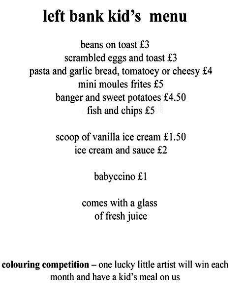 Menu at The Left Bank pub & bar, Glasgow