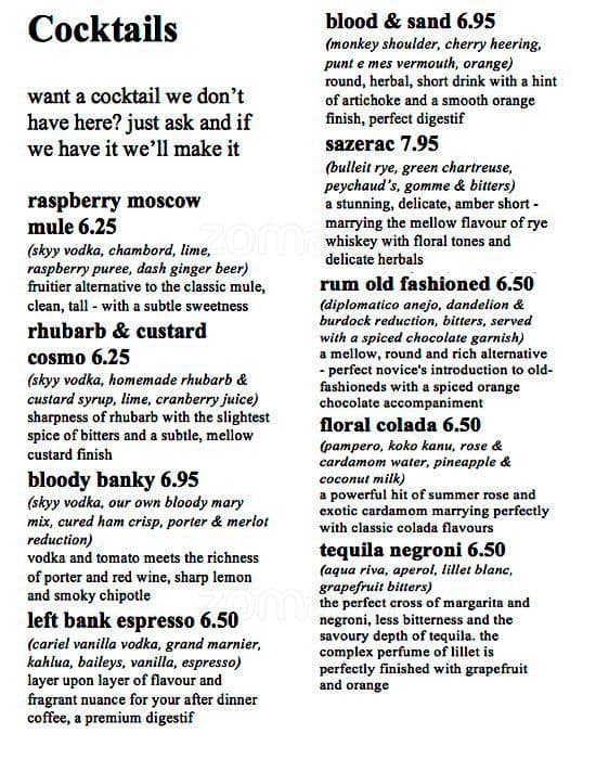 Menu at The Left Bank pub & bar, Glasgow