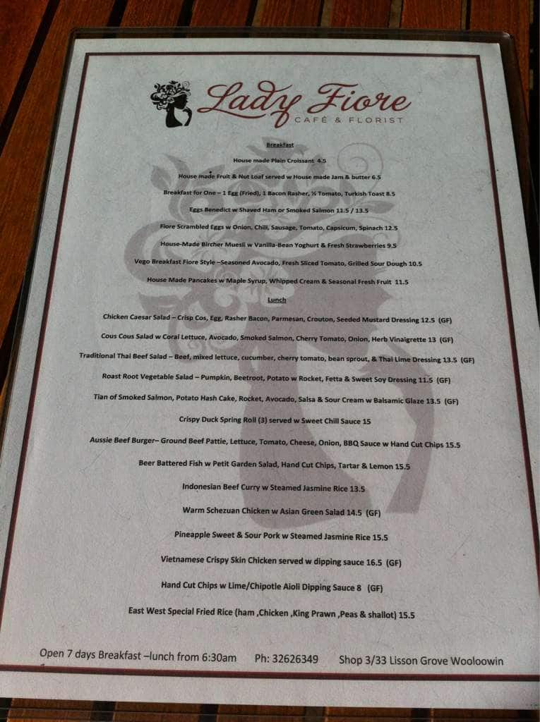 Menu at Lady Fioré restaurant, Brisbane Airport