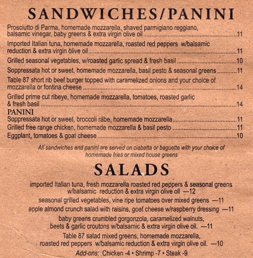 Table 87 Coal Oven Pizza Menu, Menu for Table 87 Coal Oven Pizza ...