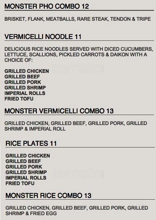 Menu at Monster Phở restaurant, Oakland