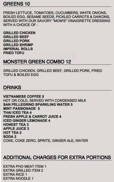 Menu at Monster Phở restaurant, Oakland