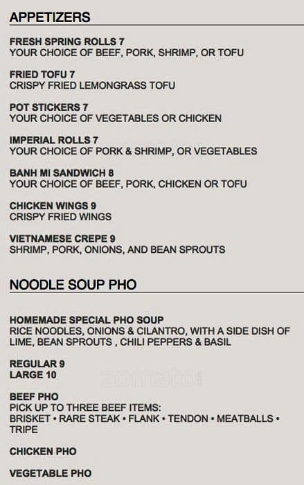 Menu at Monster Phở restaurant, Oakland