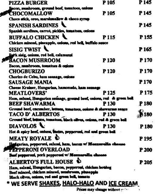 Menu at Alberto's Pizza Capitol restaurant, Cebu City