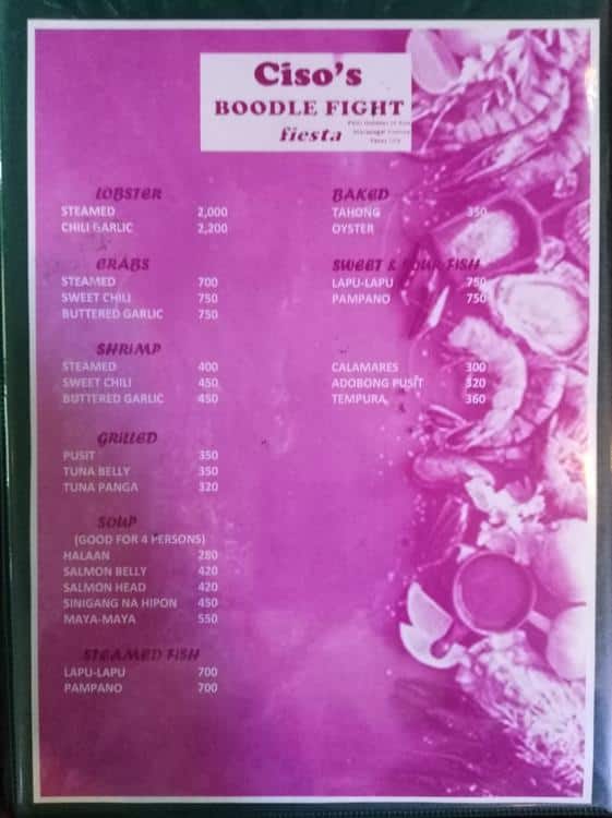 Menu at Ciso's Boodle Fight Fiesta restaurant, Manila