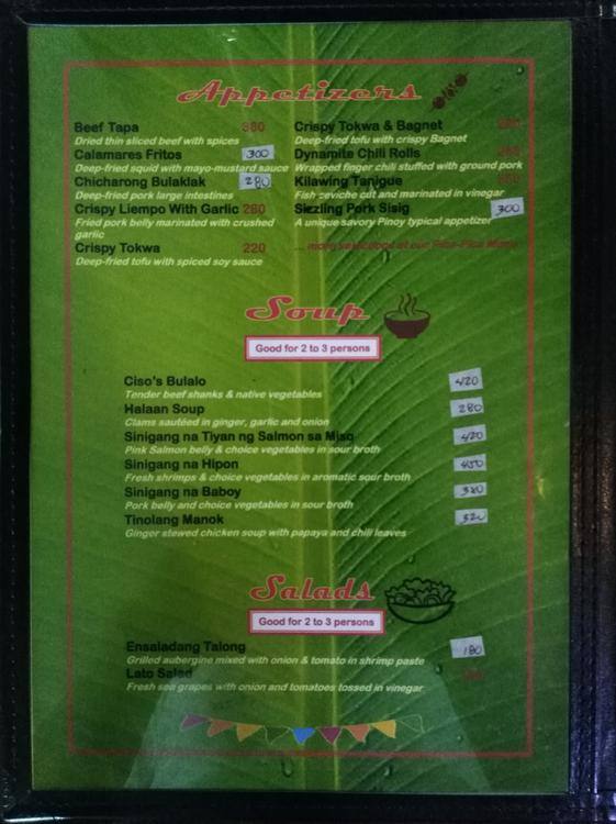 Menu at Ciso's Boodle Fight Fiesta restaurant, Manila