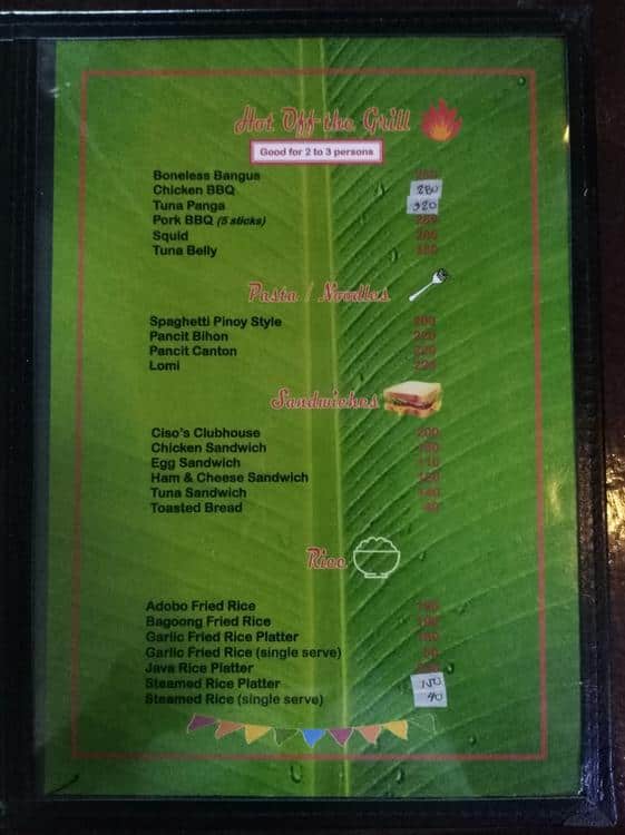 Menu at Ciso's Boodle Fight Fiesta restaurant, Manila