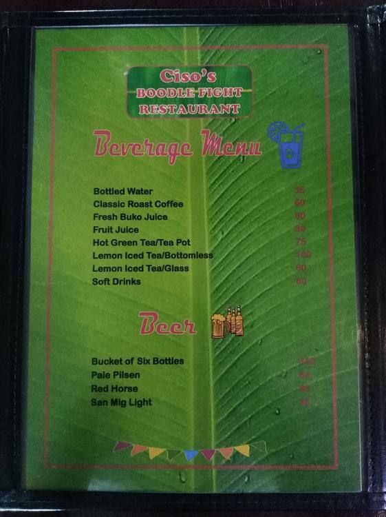 Menu at Ciso's Boodle Fight Fiesta restaurant, Manila
