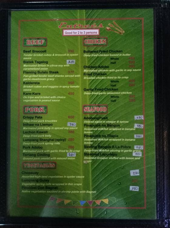 Menu at Ciso's Boodle Fight Fiesta restaurant, Manila