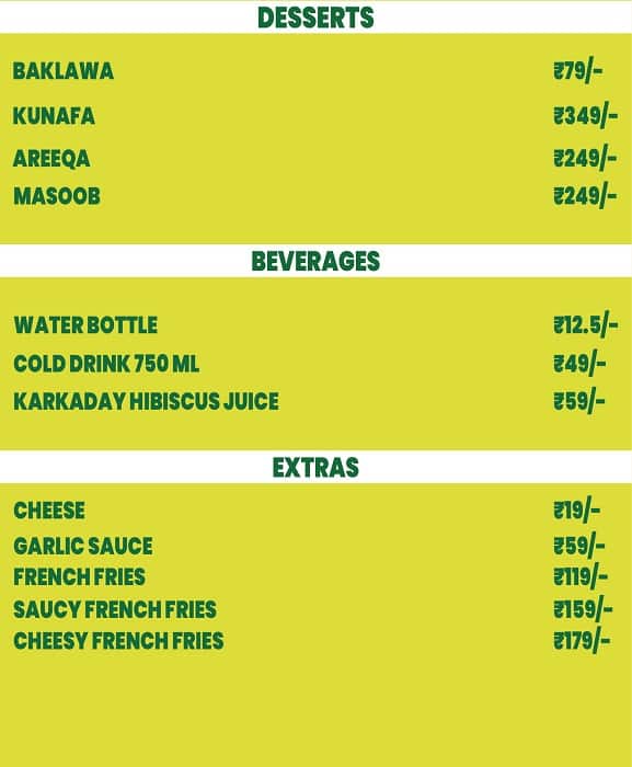 Menu at Felfelah Restucafe, Hyderabad