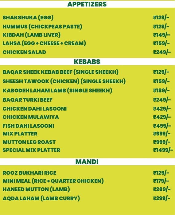 Menu of Felfelah, Tolichowki, Hyderabad