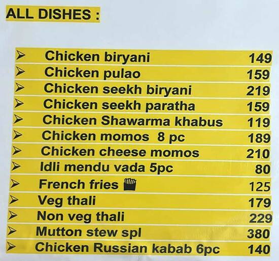 Menu of Roshan Fast Food Restaurant, Marve, Mumbai